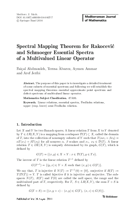 (PDF) Spectral Mapping Theorem for Rakocević and Schmoeger Essential ...