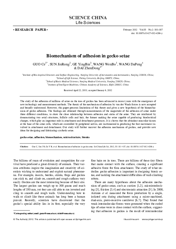 (PDF) Biomechanism of adhesion in gecko setae