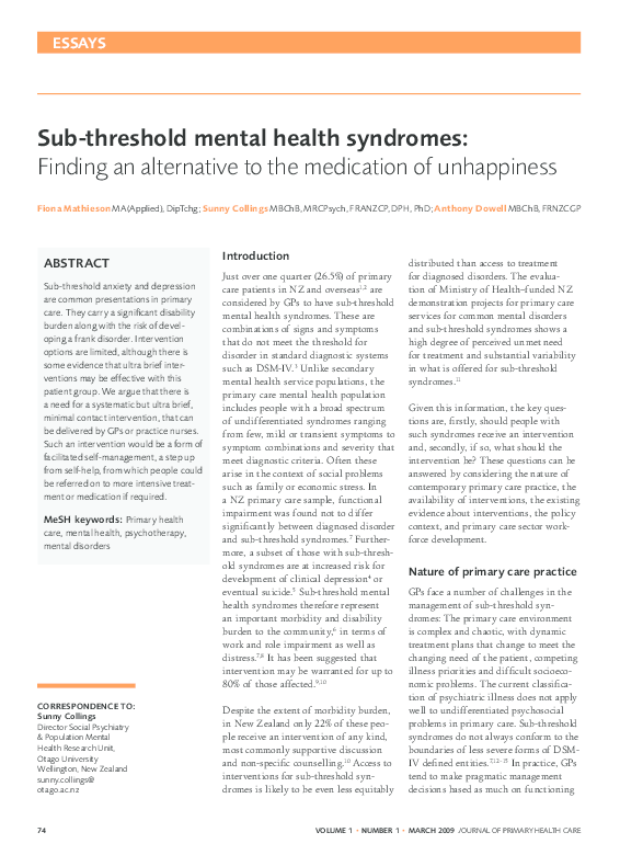 (PDF) Sub-threshold mental health syndromes: finding an alternative to ...