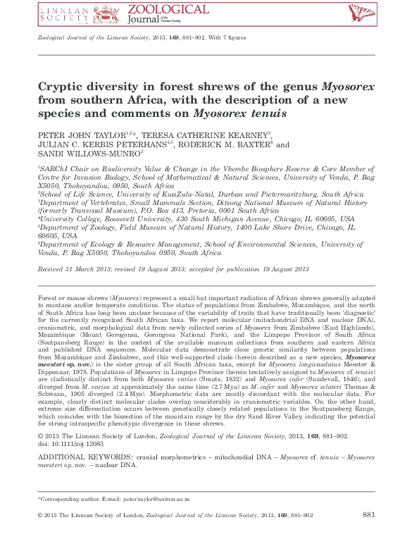 (PDF) Cryptic diversity in forest shrews of the genus Myosorex from ...