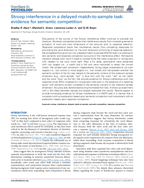 (PDF) Stroop interference in a delayed match-to-sample task: evidence for semantic competition