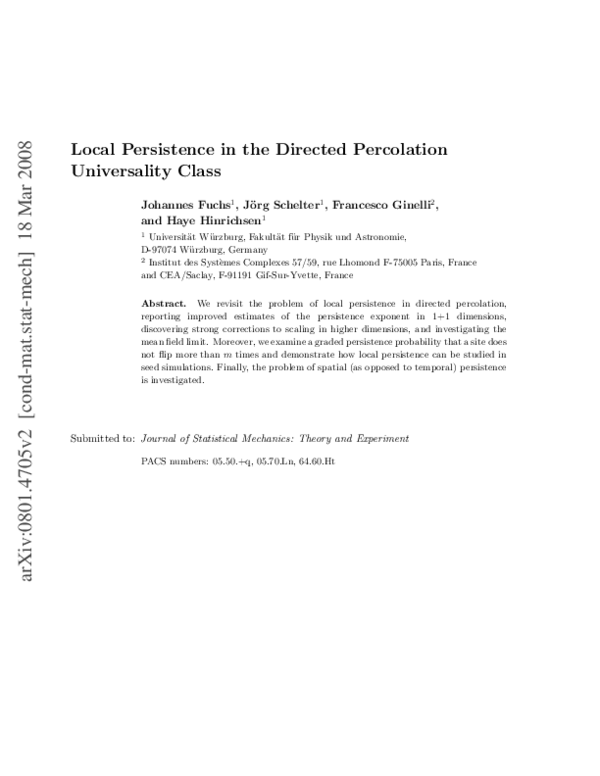 (PDF) Local persistence in the directed percolation universality class