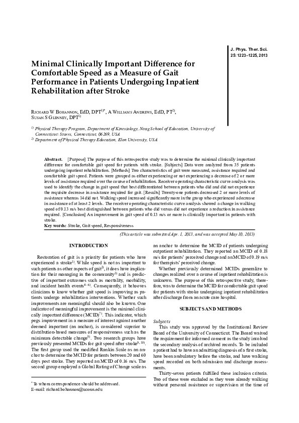 (PDF) Minimal clinically important difference for change in comfortable gait speed of adults ...