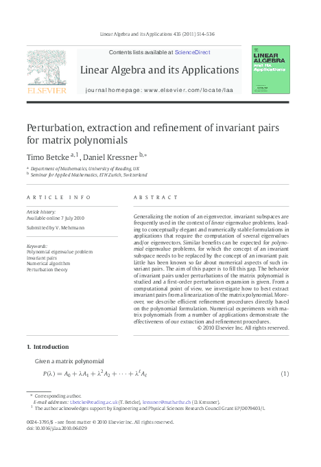 (PDF) Perturbation, extraction and refinement of invariant pairs for matrix polynomials