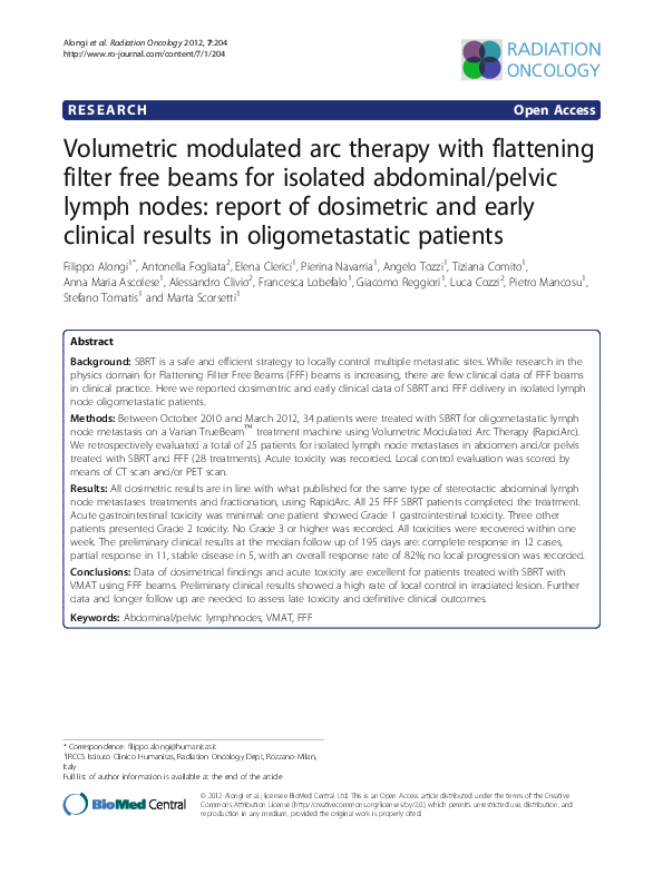 (PDF) Volumetric modulated arc therapy with flattening filter free beams for isolated abdominal ...