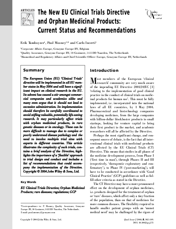 (PDF) The new EU Clinical Trials Directive and Orphan Medicinal ...