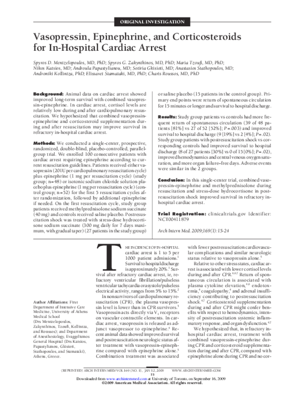 (PDF) Vasopressin, Epinephrine, and Corticosteroids for In-Hospital Cardiac Arrest