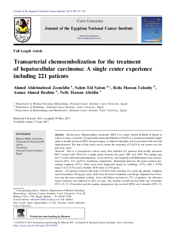 (PDF) Transarterial chemoembolization for the treatment of hepatocellular carcinoma: A single ...