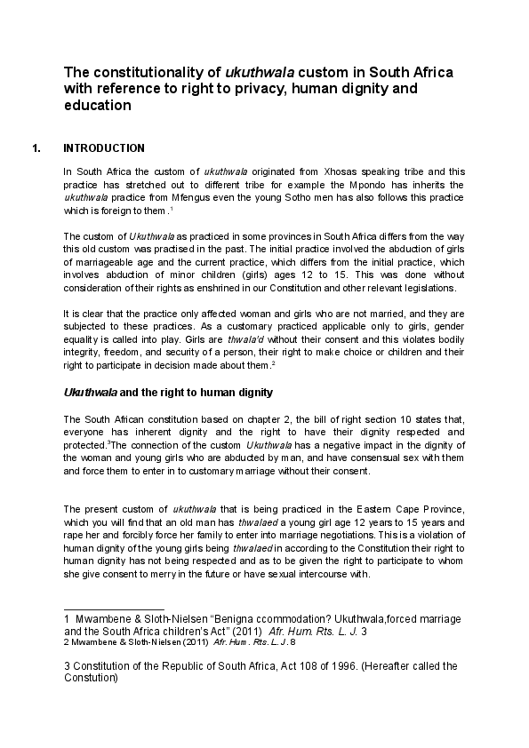 (DOC) The constitutionality of ukuthwala custom in South Africa with ...