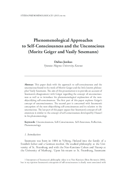 (PDF) Phenomenological Approaches to Self-Consciousness and the Unconscious (Moritz Geiger and ...