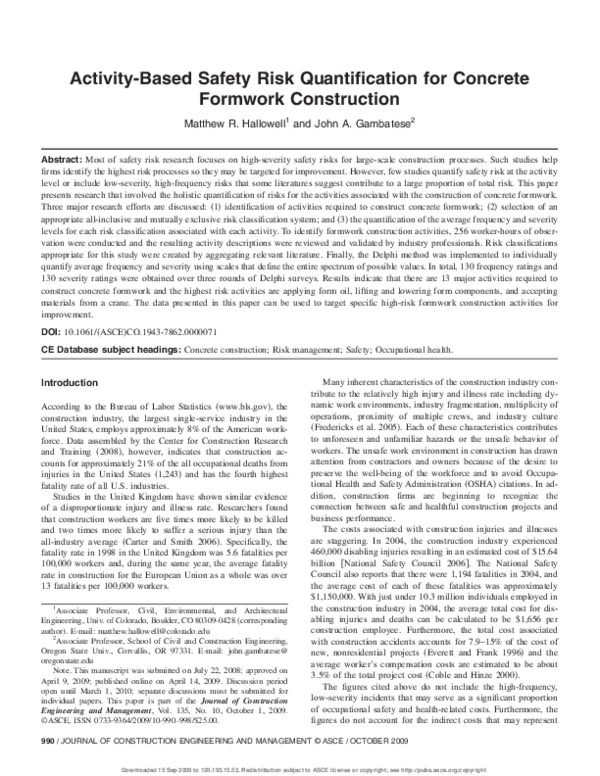 (PDF) Activity-Based Safety Risk Quantification for Concrete Formwork Construction
