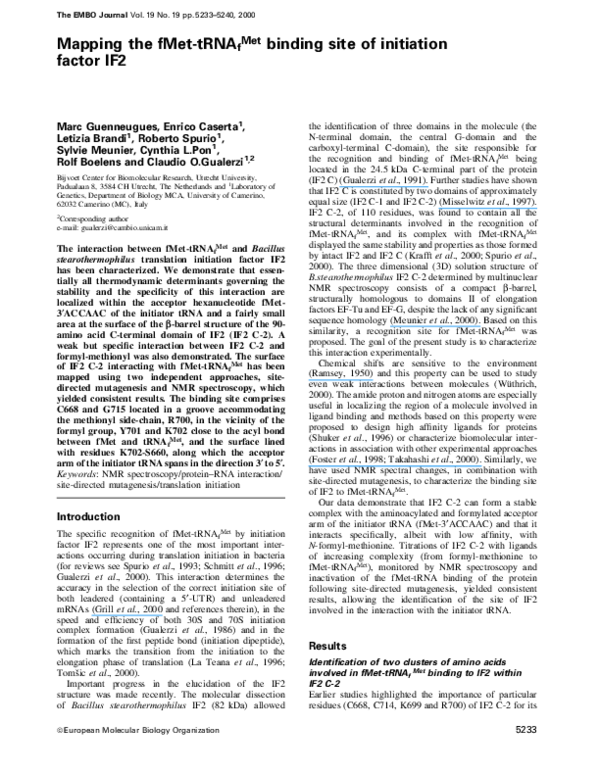 (PDF) Mapping the fMet-tRNAfMet binding site of initiation factor IF2