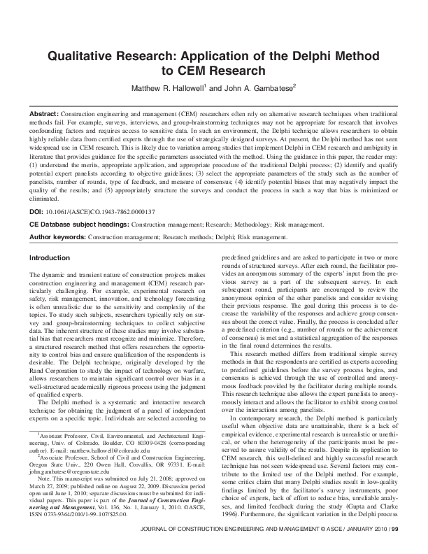 (PDF) Qualitative Research: Application of the Delphi Method to CEM Research