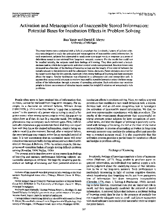 (PDF) Activation and metacognition of inaccessible stored information: Potential bases for ...