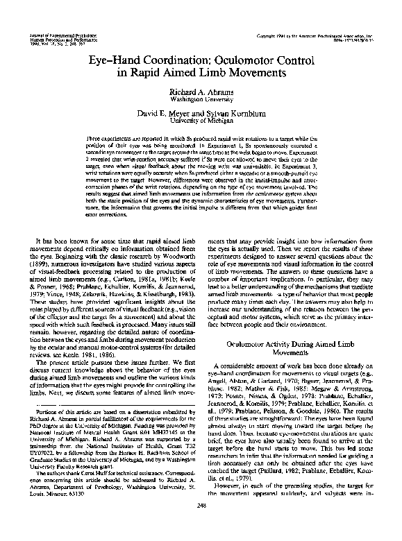 (PDF) Eye-hand coordination: Oculomotor control in rapid aimed limb ...