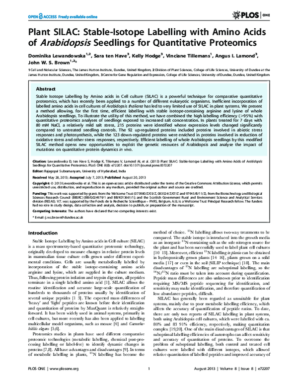 (PDF) Plant SILAC: Stable-Isotope Labelling with Amino Acids of Arabidopsis Seedlings for ...