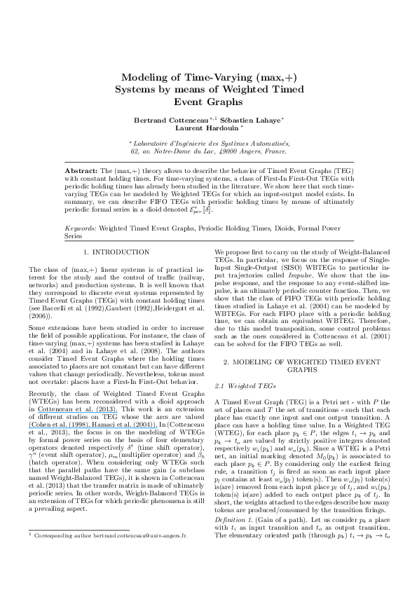 (PDF) Modeling of Time-Varying (max, +) Systems by Means of Weighted Timed Event Graphs