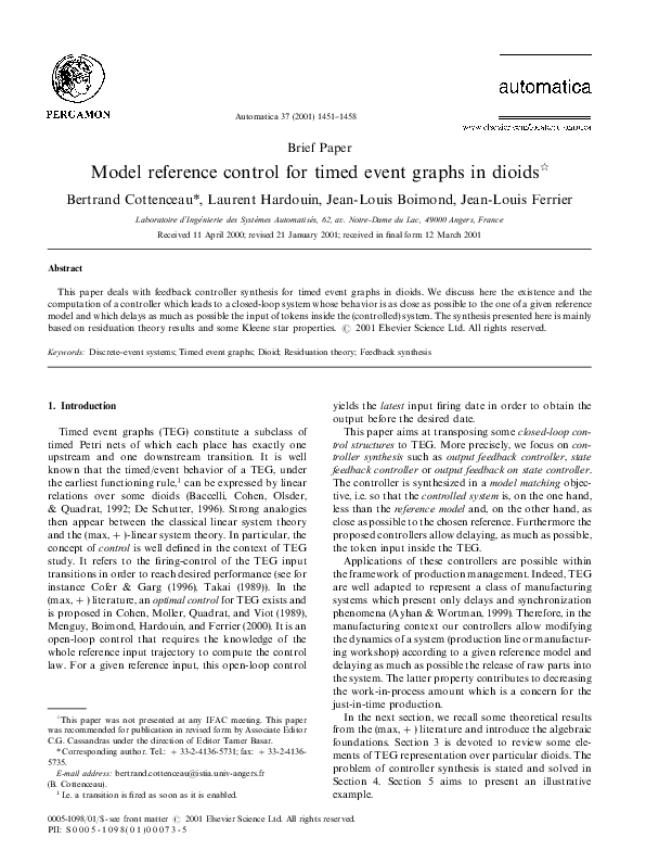 (PDF) Model reference control for timed event graphs in dioids