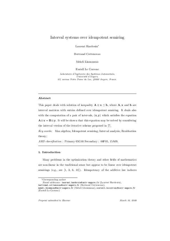 (PDF) Interval systems over idempotent semiring