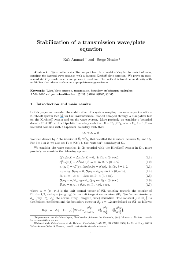 (PDF) Stabilization of a transmission wave/plate equation