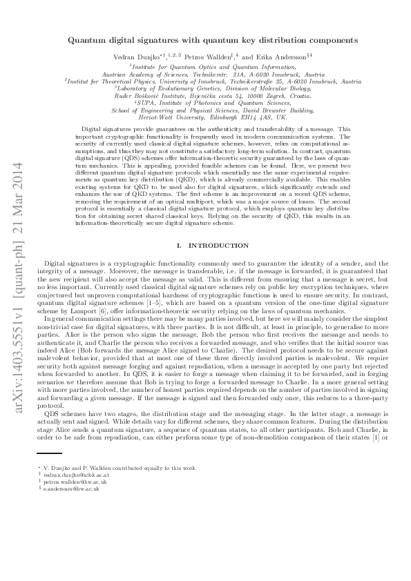 (PDF) Quantum digital signatures with quantum-key-distribution components