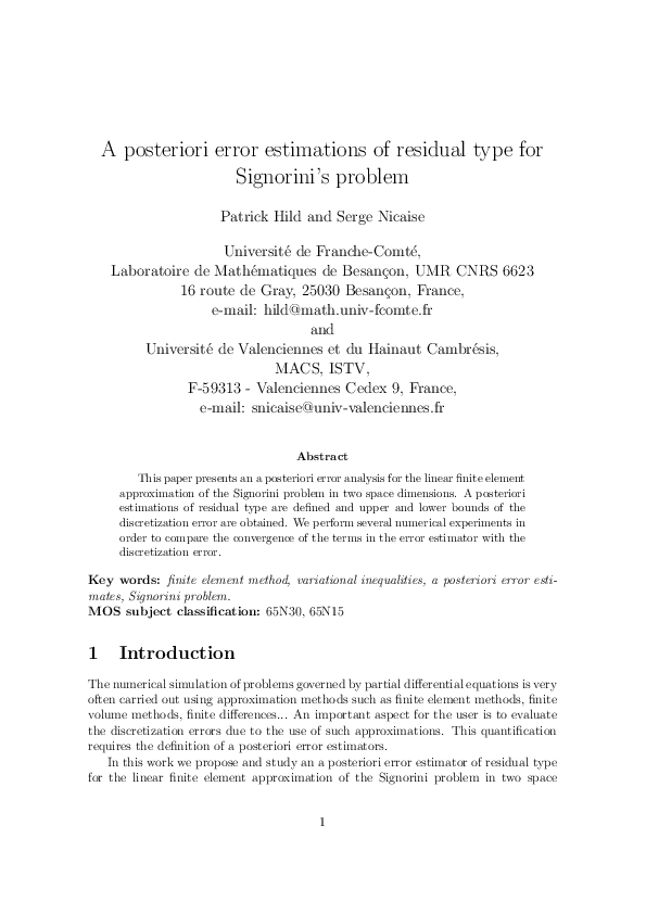 (PDF) A posteriori error estimations of residual type for Signorini's ...