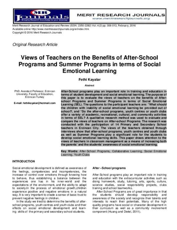 (PDF) Views of Teachers on the Benefits of After-School Programs and ...