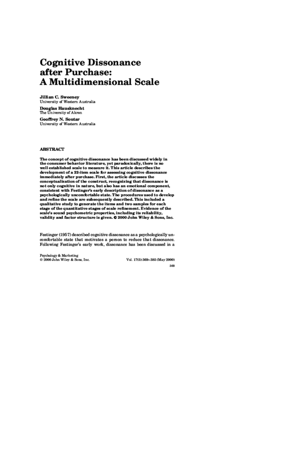 (PDF) Cognitive dissonance after purchase: A multidimensional scale