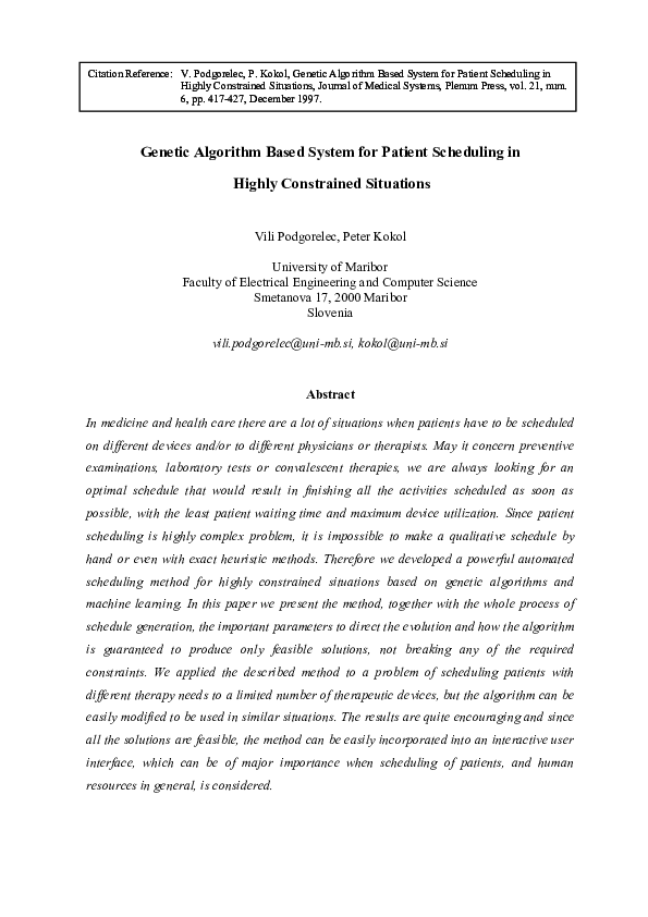 Pdf Genetic Algorithm Based System For Patient Scheduling In Highly Constrained Situations