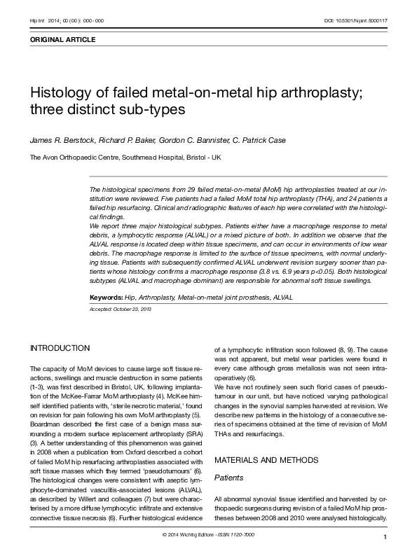 (PDF) Histology of failed metal-on-metal hip arthroplasty; three ...