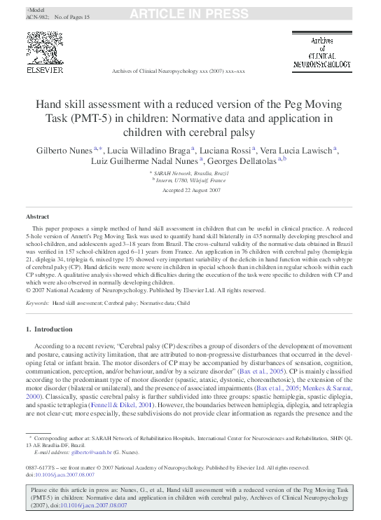 (PDF) Hand skill assessment with a reduced version of the Peg Moving ...