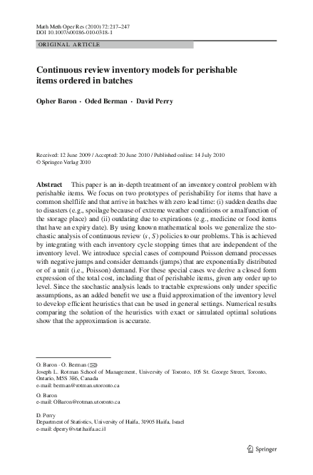 (PDF) Continuous review inventory models for perishable items ordered in batches