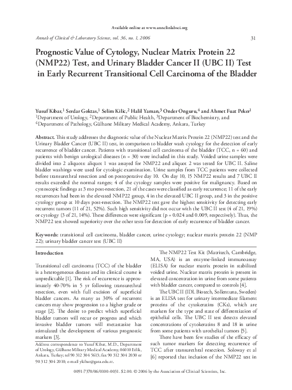 (PDF) Prognostic value of cytology, nuclear matrix protein 22 (NMP22 ...