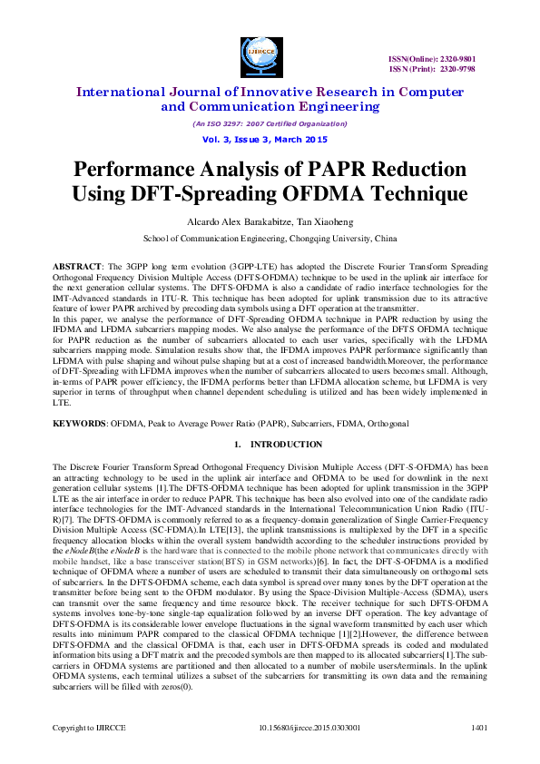 Pdf Performance Analysis Of Papr Reduction Using Dft Spreading Ofdma Technique Alcardo Alex