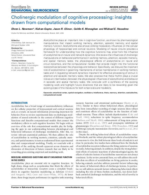(PDF) Cholinergic modulation of cognitive processing: insights drawn from computational models