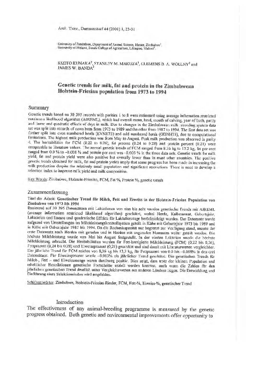 (PDF) Genetic trends for milk, fat and protein in the Zimbabwean ...