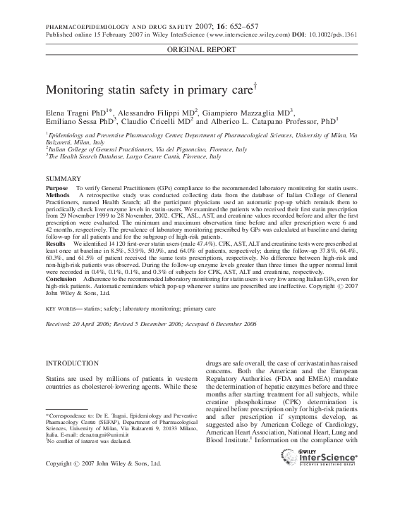 (PDF) Monitoring statin safety in primary care