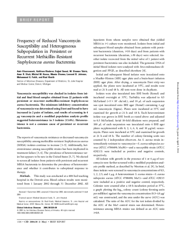 (PDF) Frequency of Reduced Vancomycin Susceptibility and Heterogeneous Subpopulation in ...