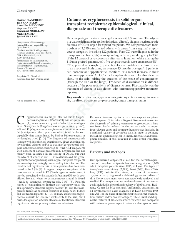 (PDF) Cutaneous cryptococcosis in solid organ transplant recipients