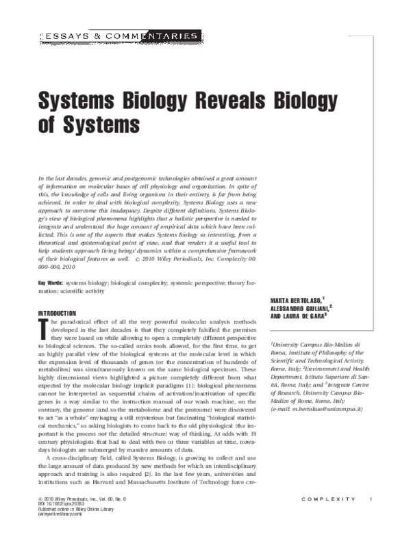 (PDF) Systems Biology reveals biology of systems