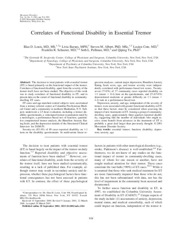(PDF) Correlates of functional disability in essential tremor