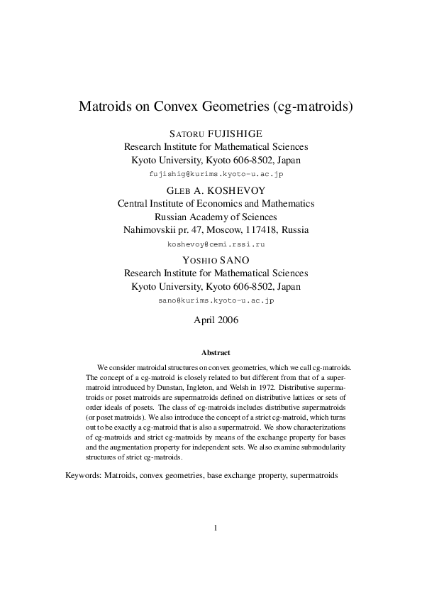 (PDF) Matroids on convex geometries (cg-matroids)