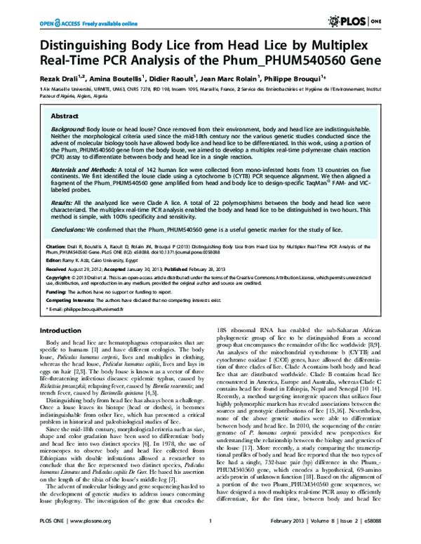 (PDF) Distinguishing Body Lice from Head Lice by Multiplex Real-Time ... (PDF) Distinguishing Body Lice from Head Lice by Multiplex Real-Time ...