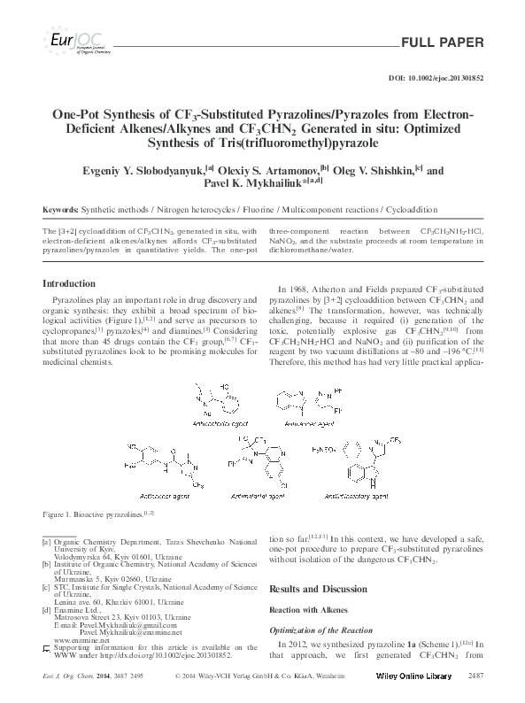 (PDF) One-Pot Synthesis of CF 3 -Substituted Pyrazolines/Pyrazoles from Electron-Deficient ...