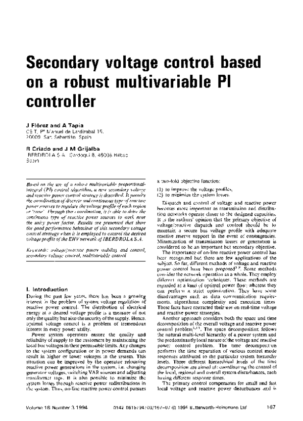 Pdf Secondary Voltage Control Based On A Robust Multivariable Pi Controller R Criado
