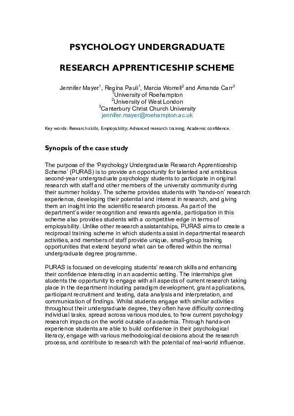 (PDF) Psychology Undergraduate Research Apprenticeship Scheme Case Study