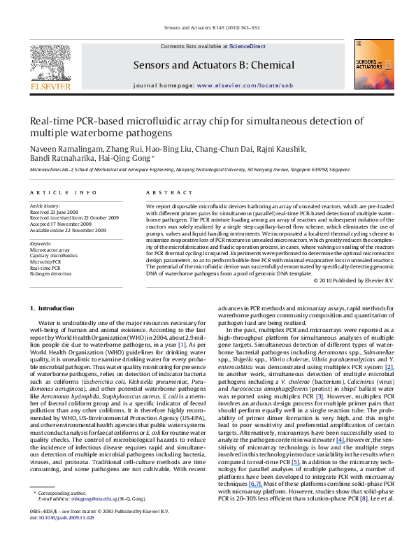 Pdf Real Time Pcr Based Microfluidic Array Chip For Simultaneous Detection Of Multiple