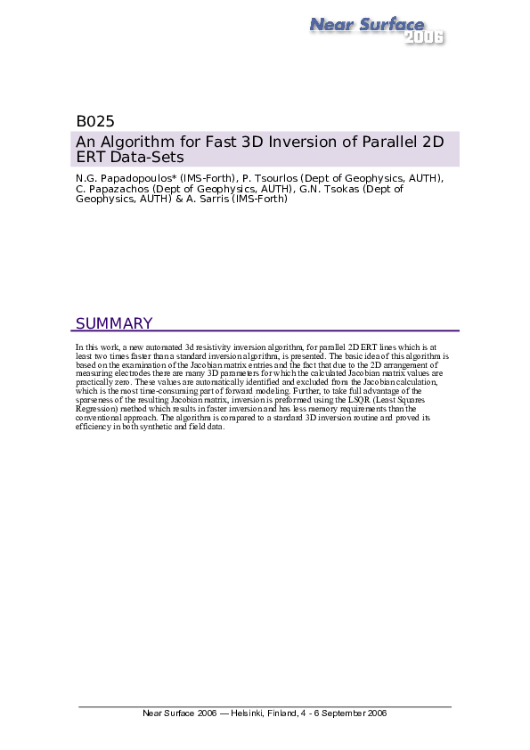 (PDF) An Algorithm for Fast 3D Inversion of Parallel 2D ERT Data-Sets