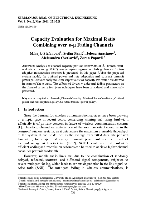 (PDF) Capacity Evaluation for Maximal Ratio Combining over κ-μ Fading Channels