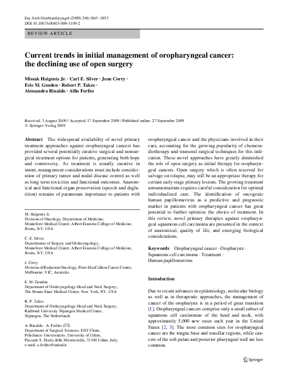 (PDF) Current trends in initial management of oropharyngeal cancer: the ...